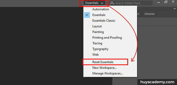 Reset giao diện làm việc adobe illustrator