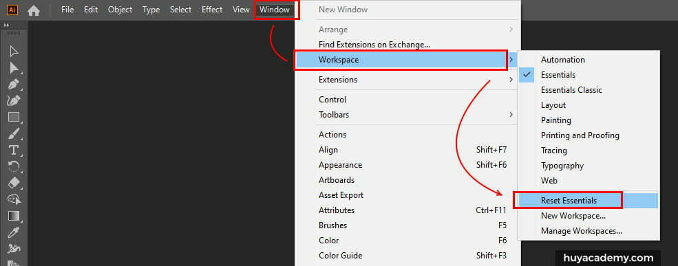 Reset giao diện làm việc adobe illustrator